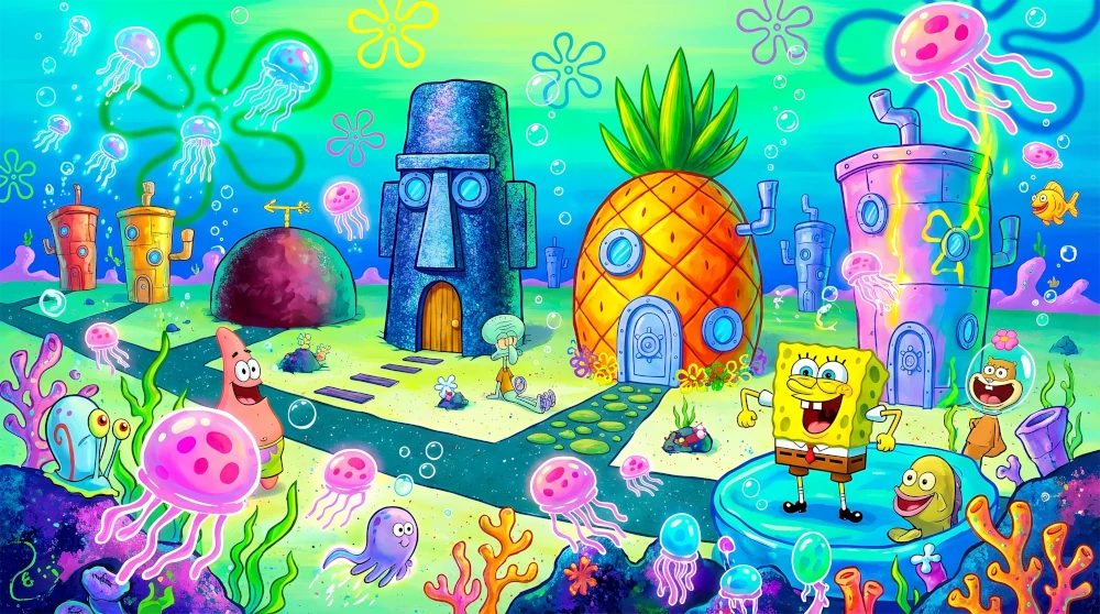 Bob l'Éponge Bikini Bottom paysage | Fond d'écran 4k