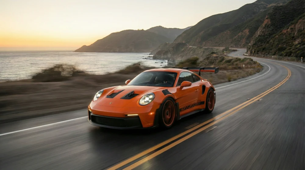 Porsche 911 GT3 RS orange paysage | Fond d'écran 4k